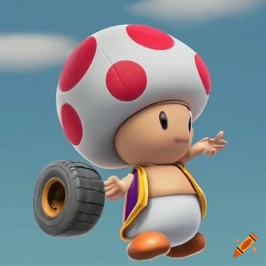 Nintendo's Toad holding two tires in a cloudy sky on Craiyon