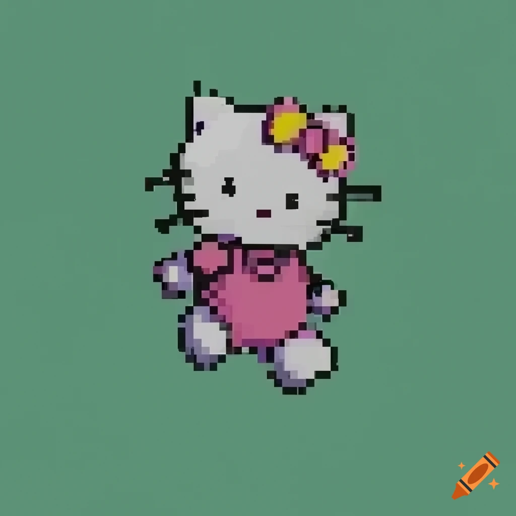 Nes inspired pixel art of jumping hello kitty in green tones on Craiyon