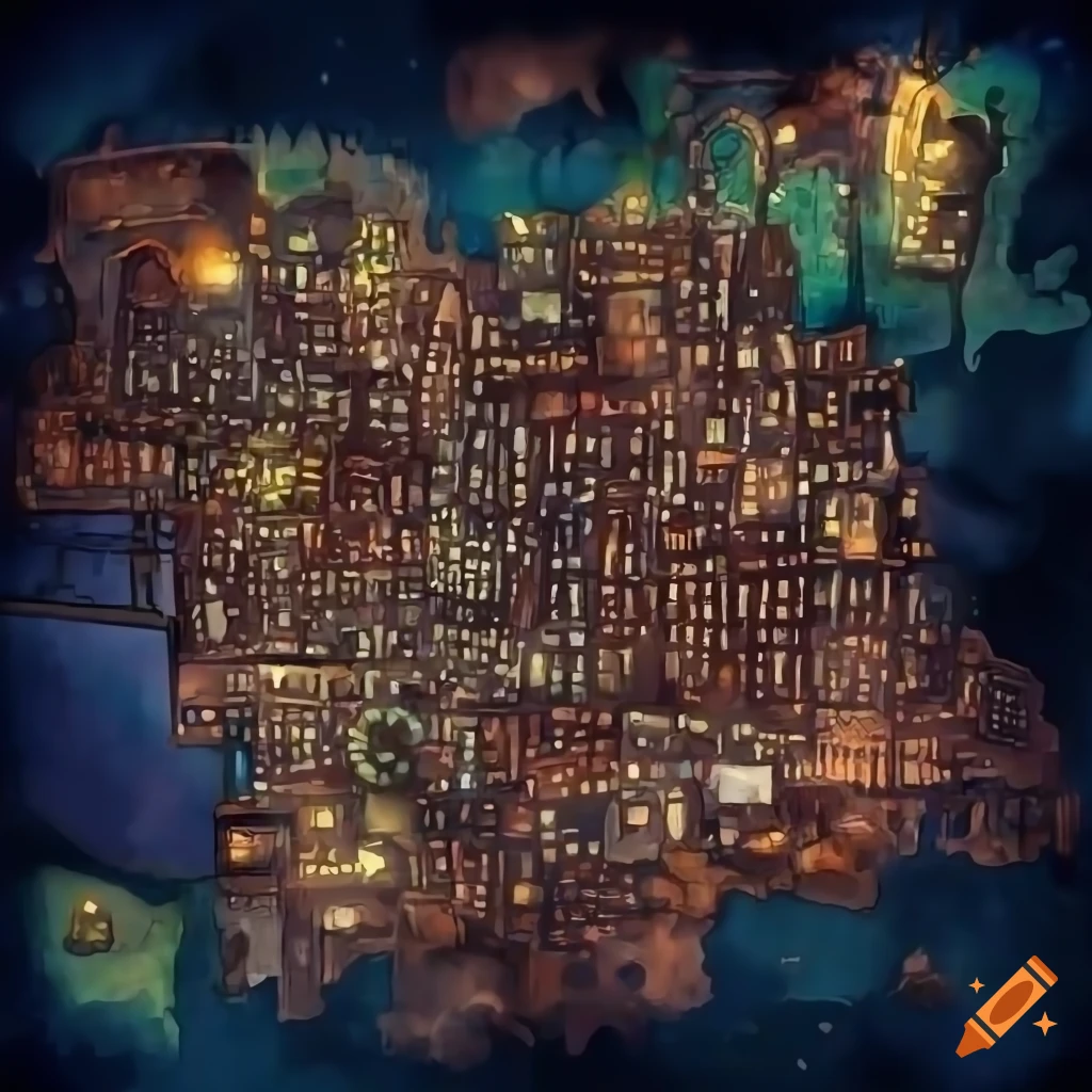Steampunk city map with colored districts and 3d buildings in a top ...