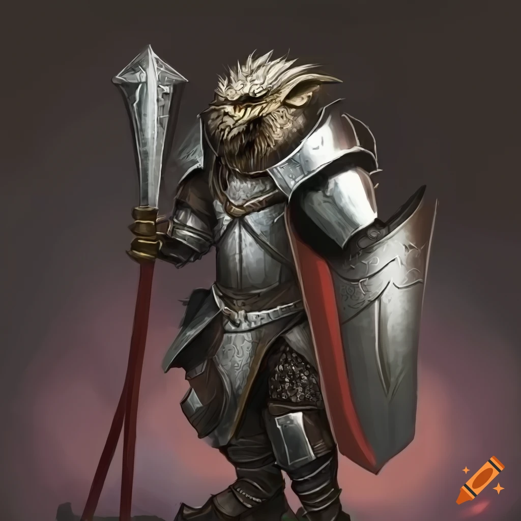 Silver-scaled dragonborn paladin in plate armor without a helmet on Craiyon