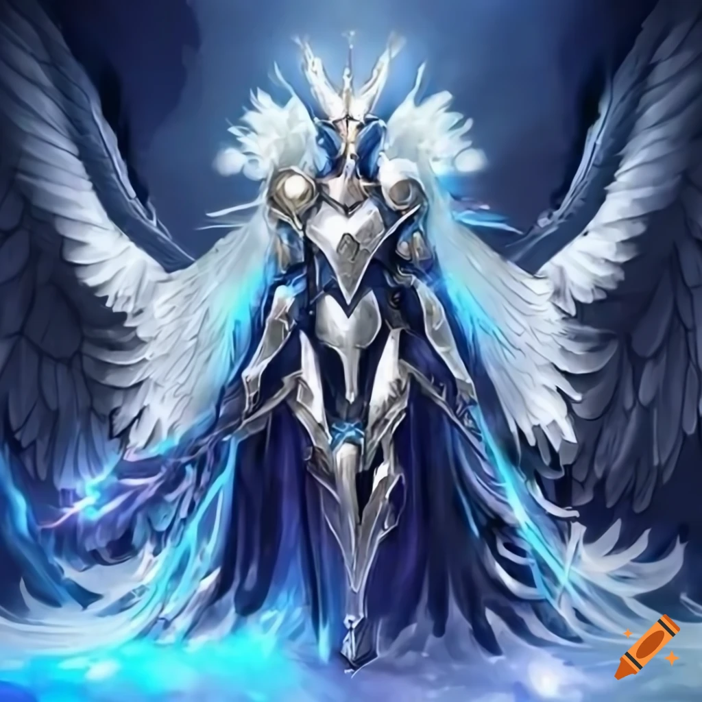 Celestial sky knight in full armor with angel wings in anime art style ...