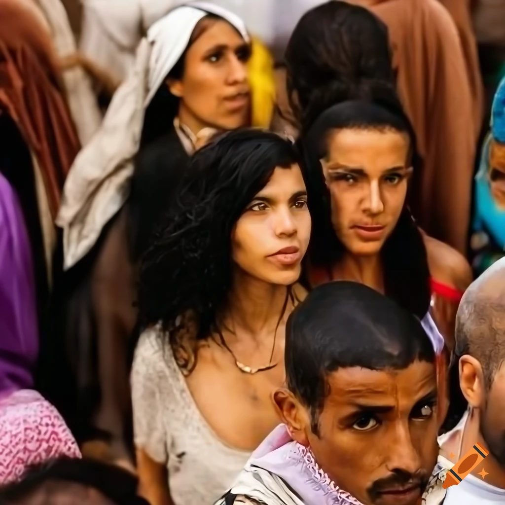 Group of people with wavy black hair, Arab features, and brown skin in ...