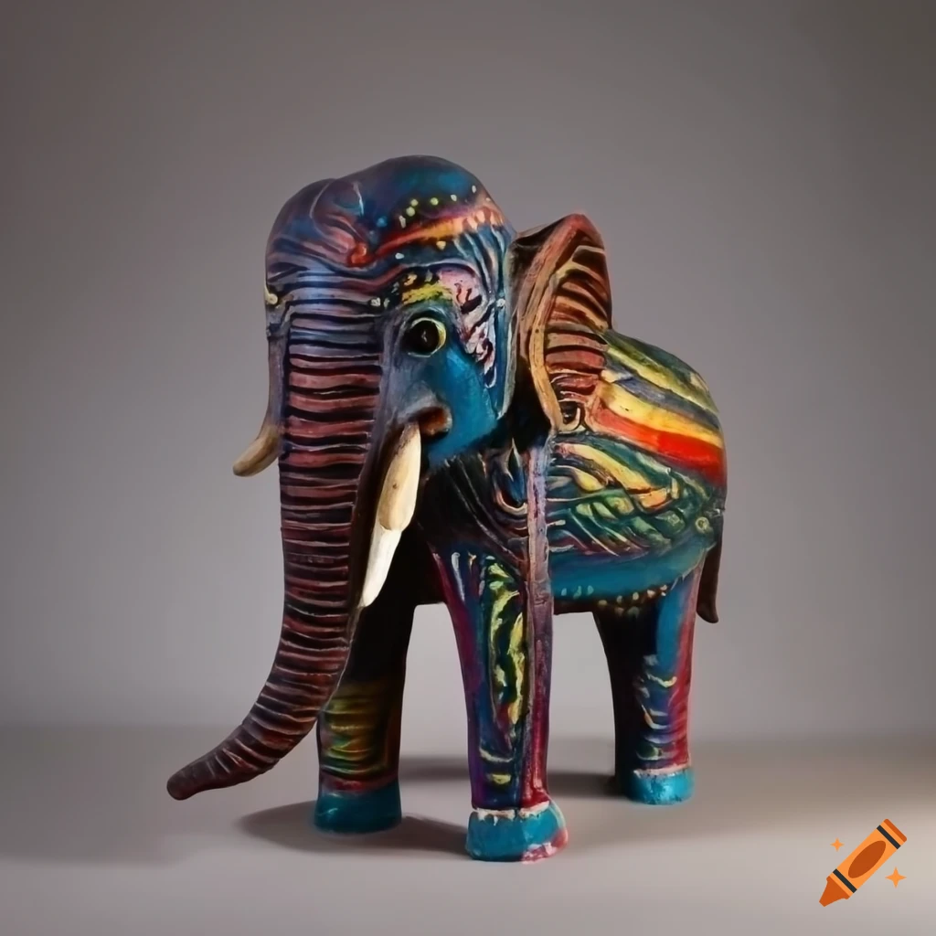 Wooden elephant with colorful markings in bali primitive art style on ...