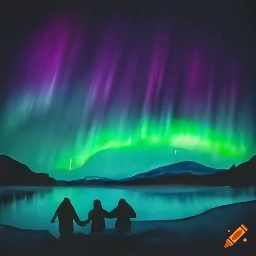 Northern lights illuminating the sky with a couple looking up in awe on Craiyon