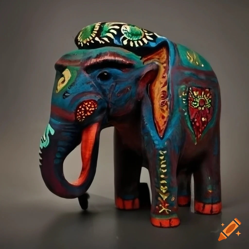 Wooden elephant with colorful markings in Bali primitive art style on ...