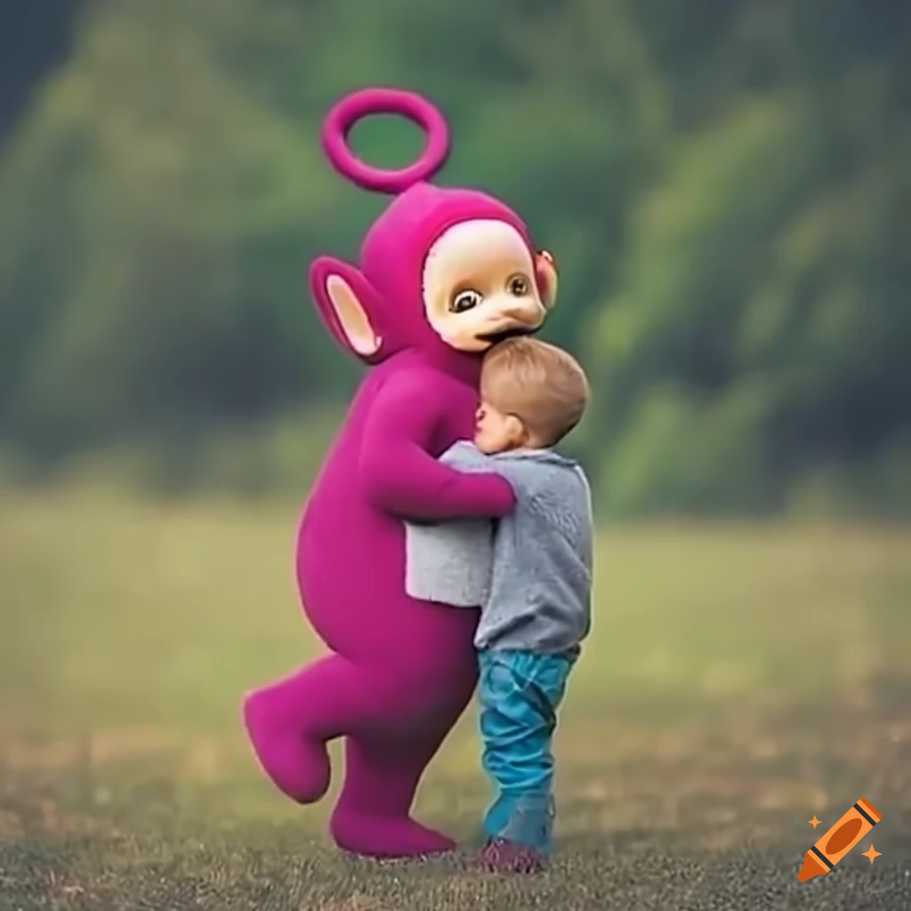 Female teletubby offering a piggyback ride to a boy on Craiyon
