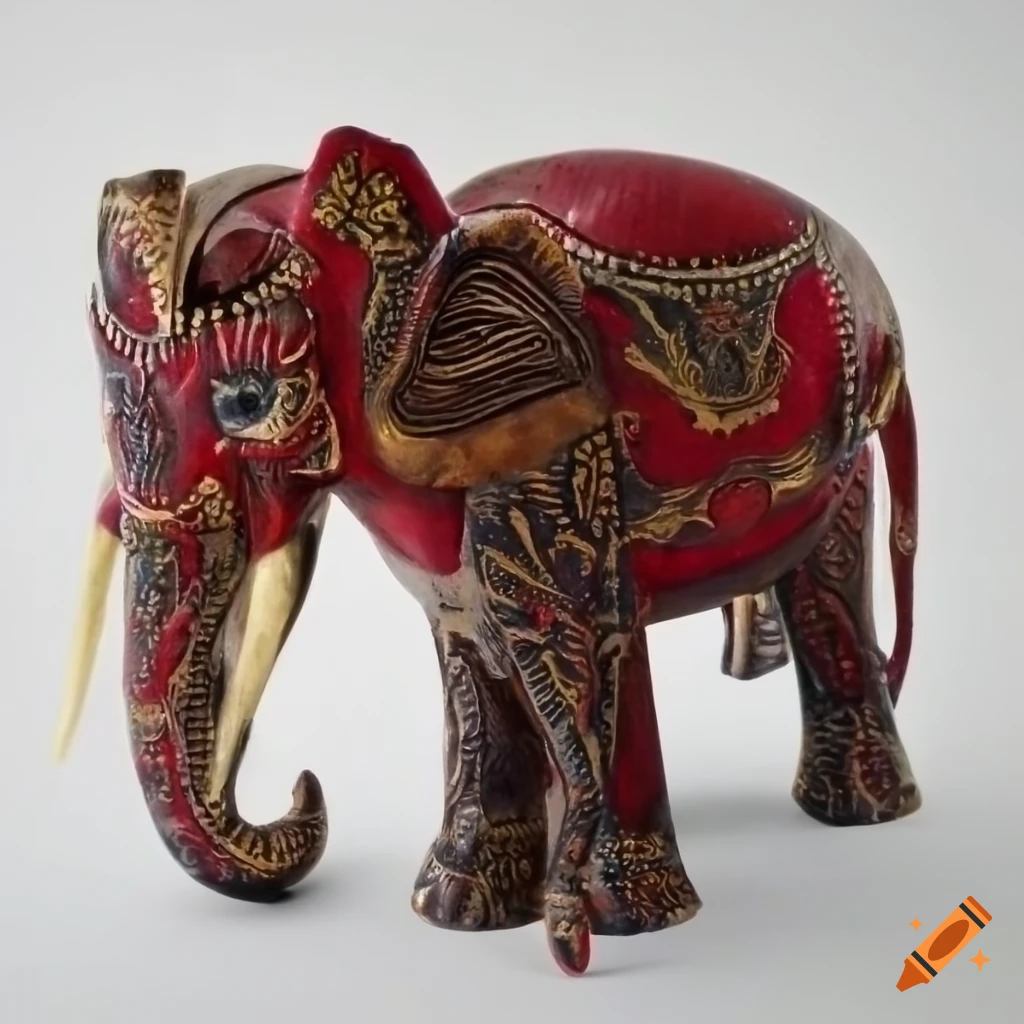 Wooden elephant sculpture with red, silver, and golden markings in Bali ...