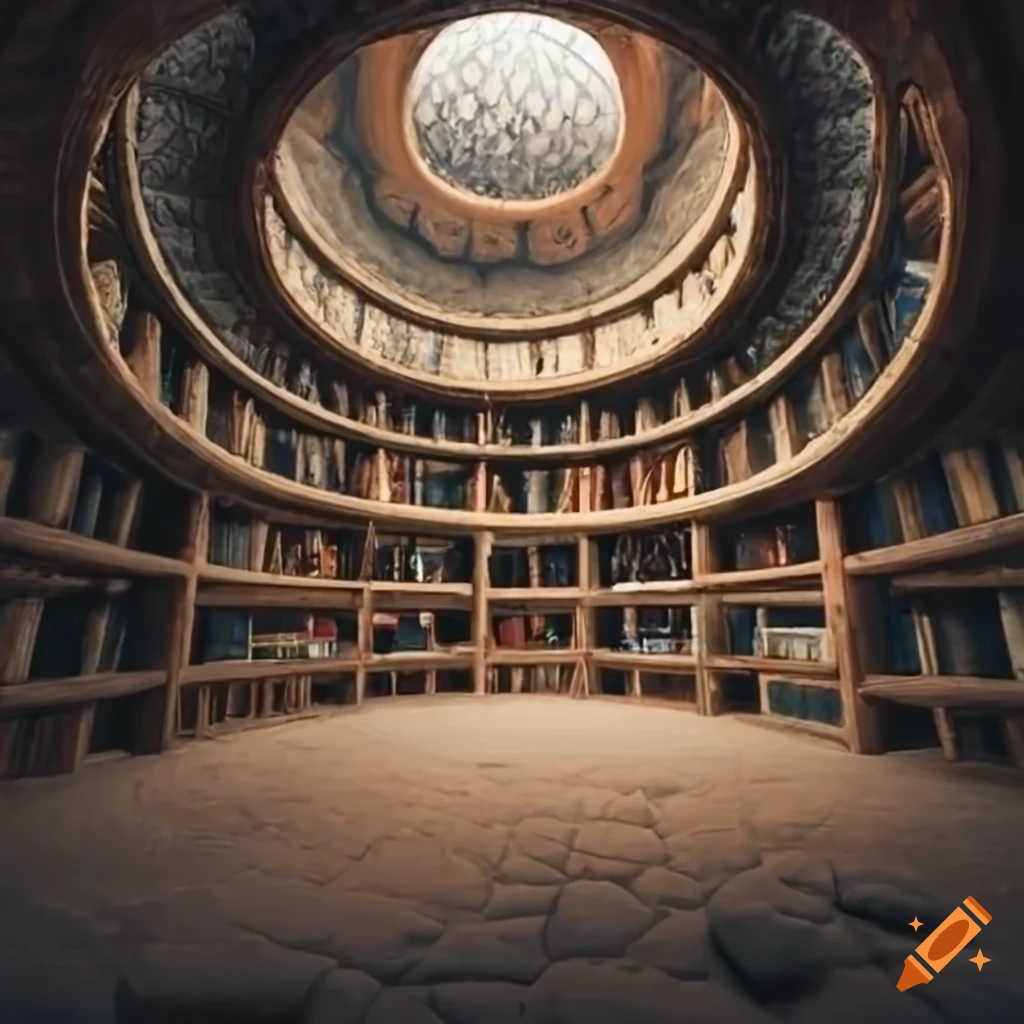 Spacious cave room with old shelves filled with books and parchments on ...