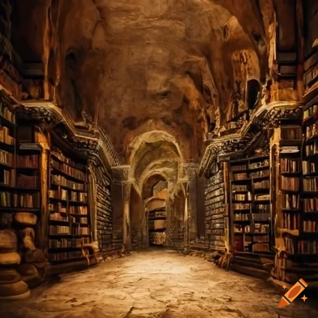 Remote cave library with ancient books on rough stone floor on Craiyon