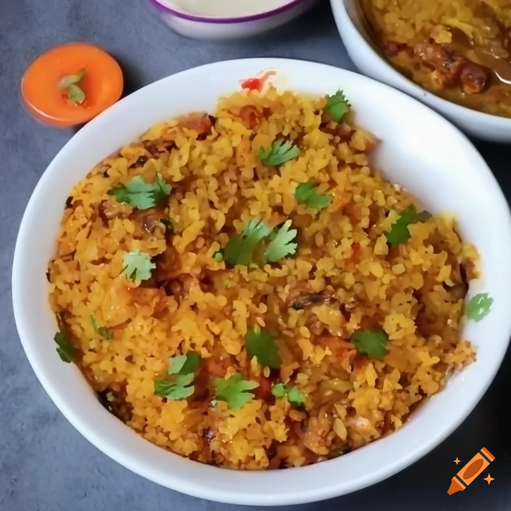 Poha with matki rassa topped with coriander on Craiyon