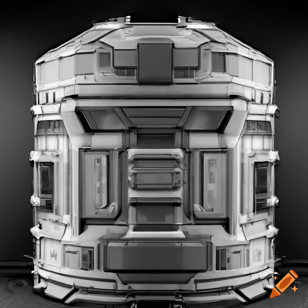 Front view of detailed grayscale futuristic sci-fi container on Craiyon