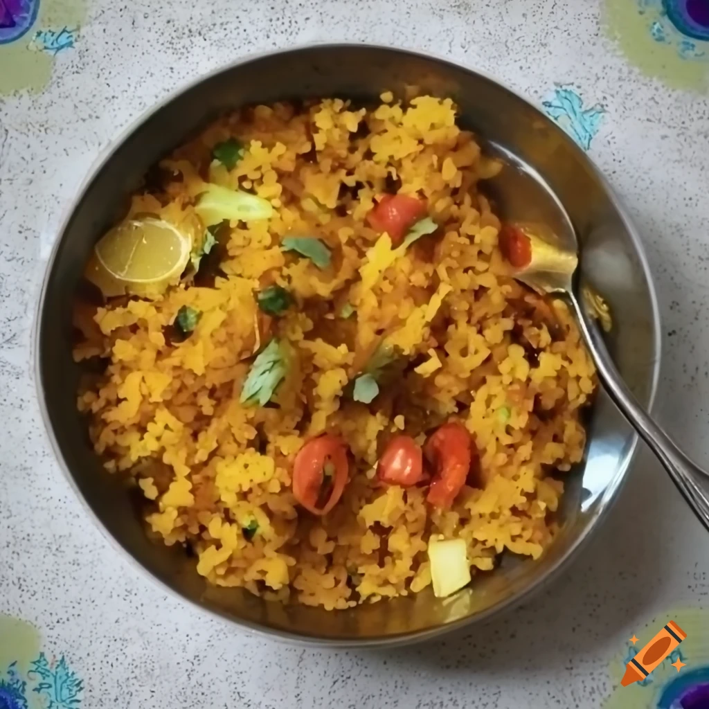 Poha with matki rassa topped with coriander on Craiyon