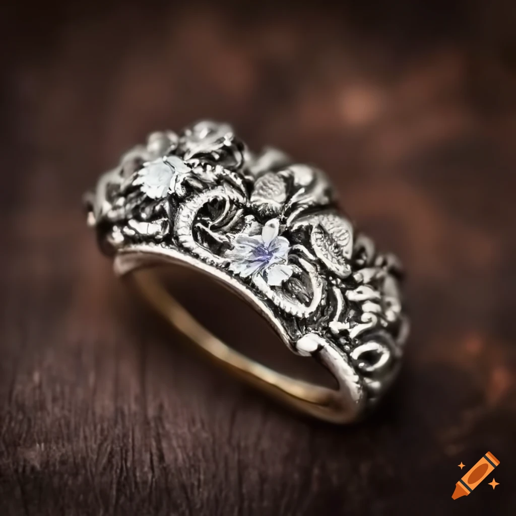 Antique silver ring with floral designs on Craiyon