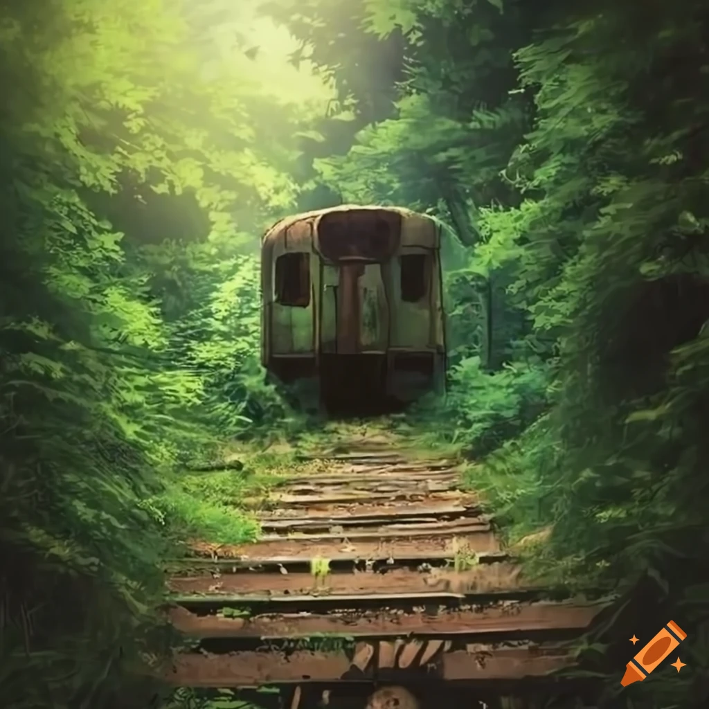 Overgrown abandoned train in Studio Ghibli style in a forest setting on ...