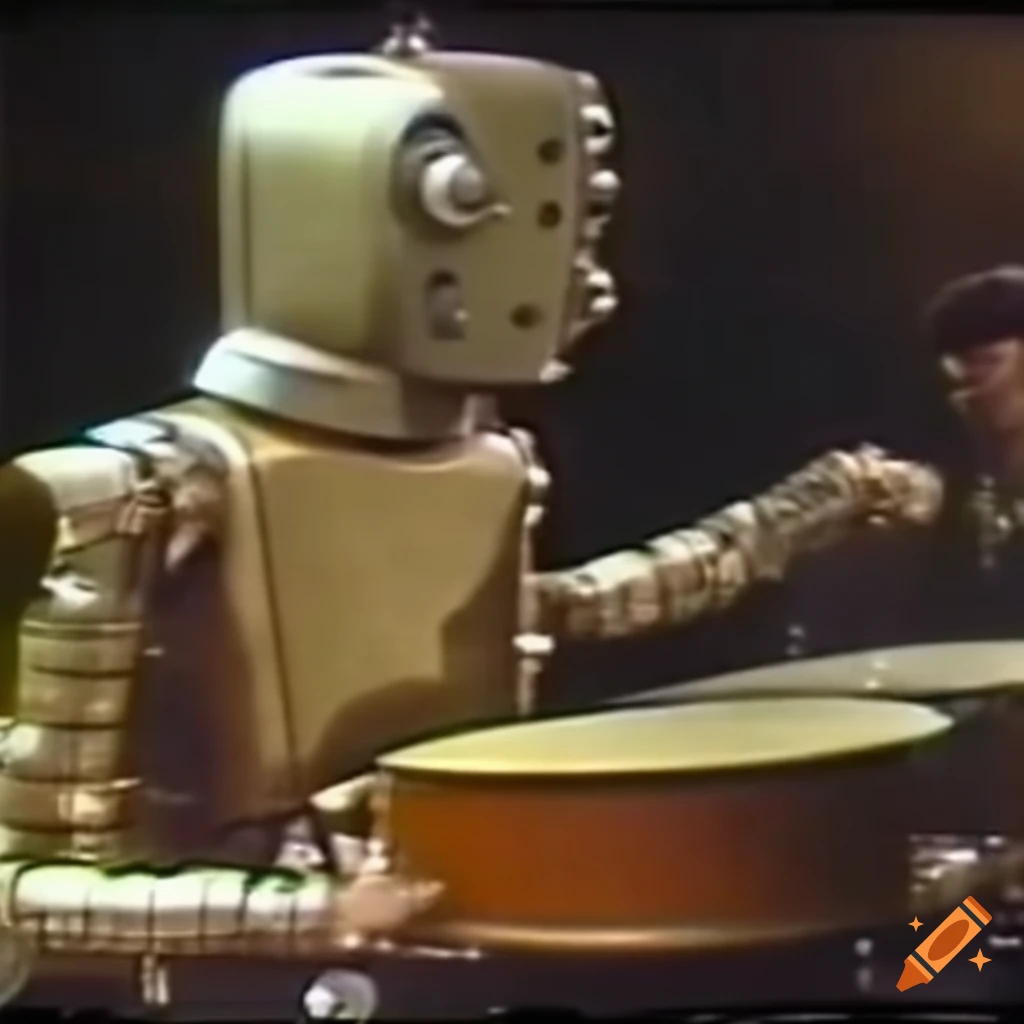 Robot playing the moog theremin in a 1960's vhs tv show band on Craiyon