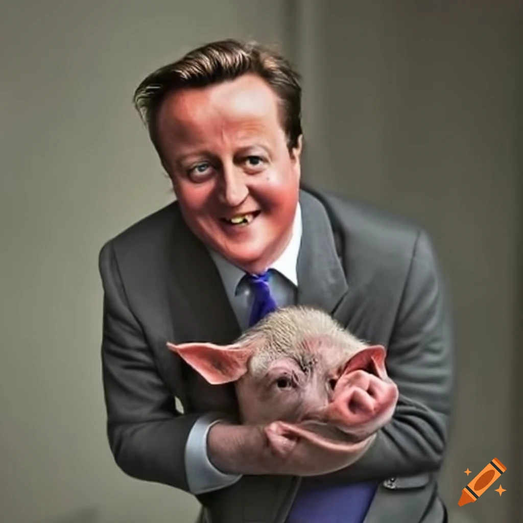 David cameron smiling joyfully while holding a pig on Craiyon
