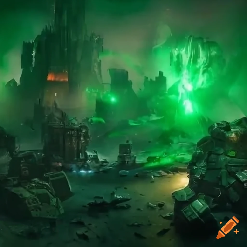 Epic sci-fi battle with green laser effects in a Warhammer-inspired ...