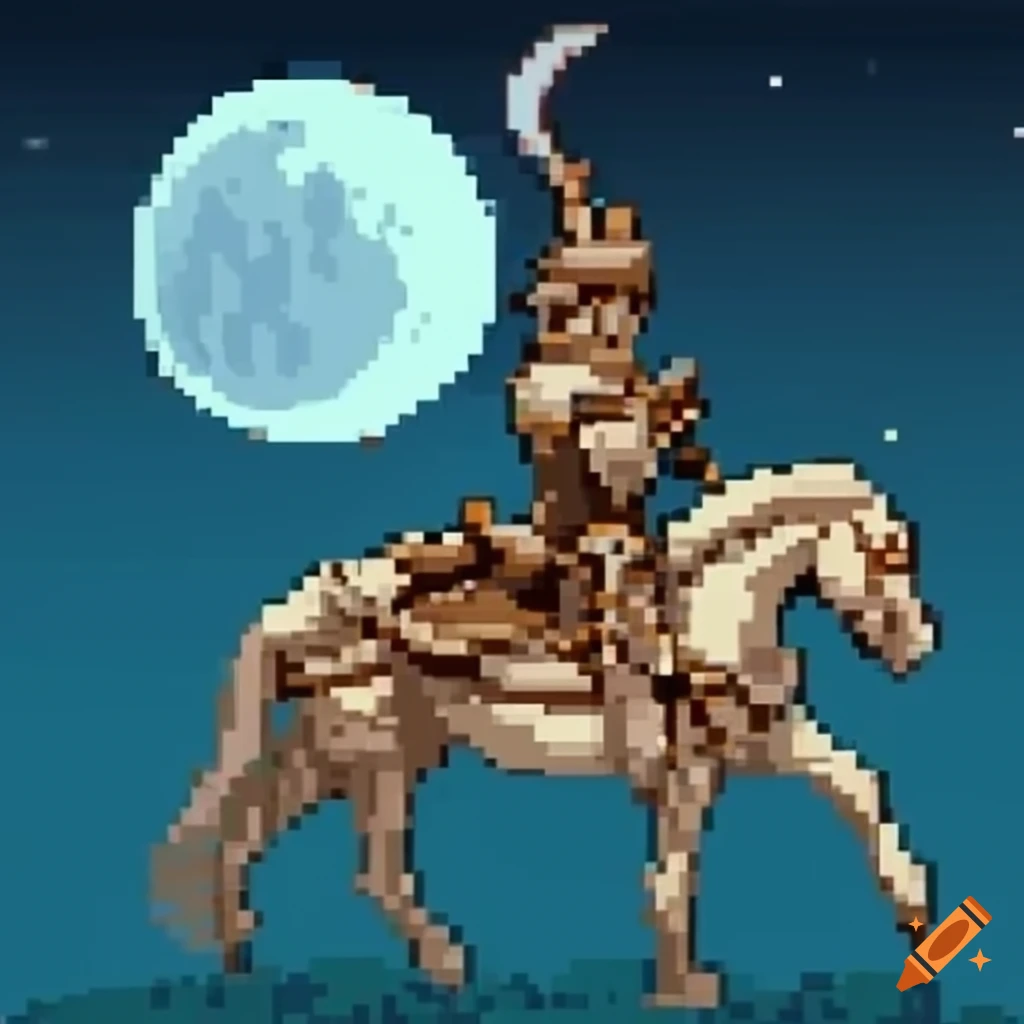 Pixel art of a wizard knight riding a horse under the moon on Craiyon