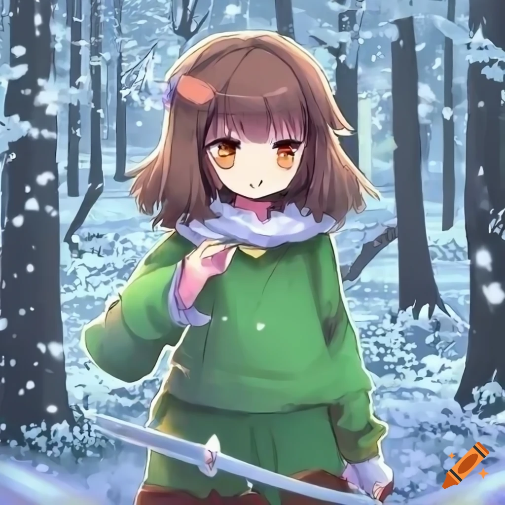Chara exploring a wintry forest in ultrawide manga style on Craiyon