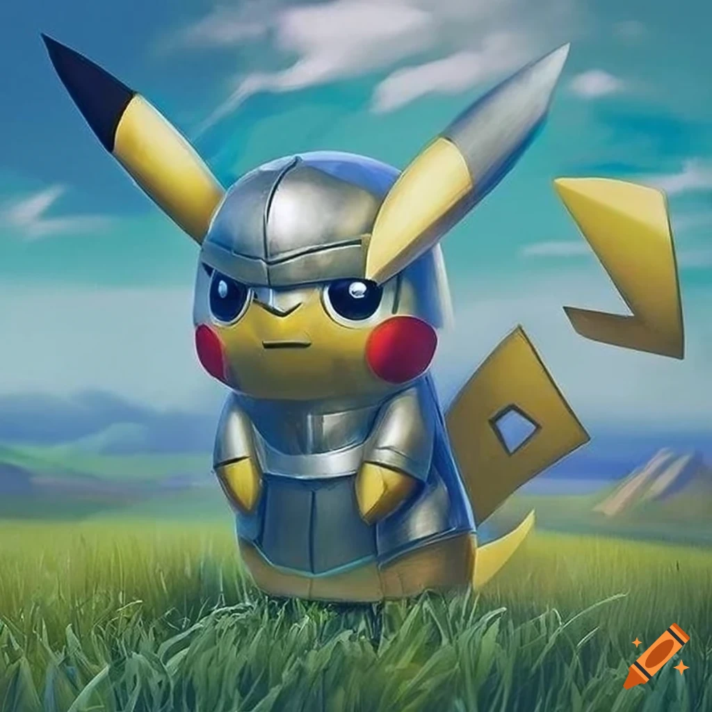 Pokemon Pikachu in silver knight armor standing in grassy foreground on ...
