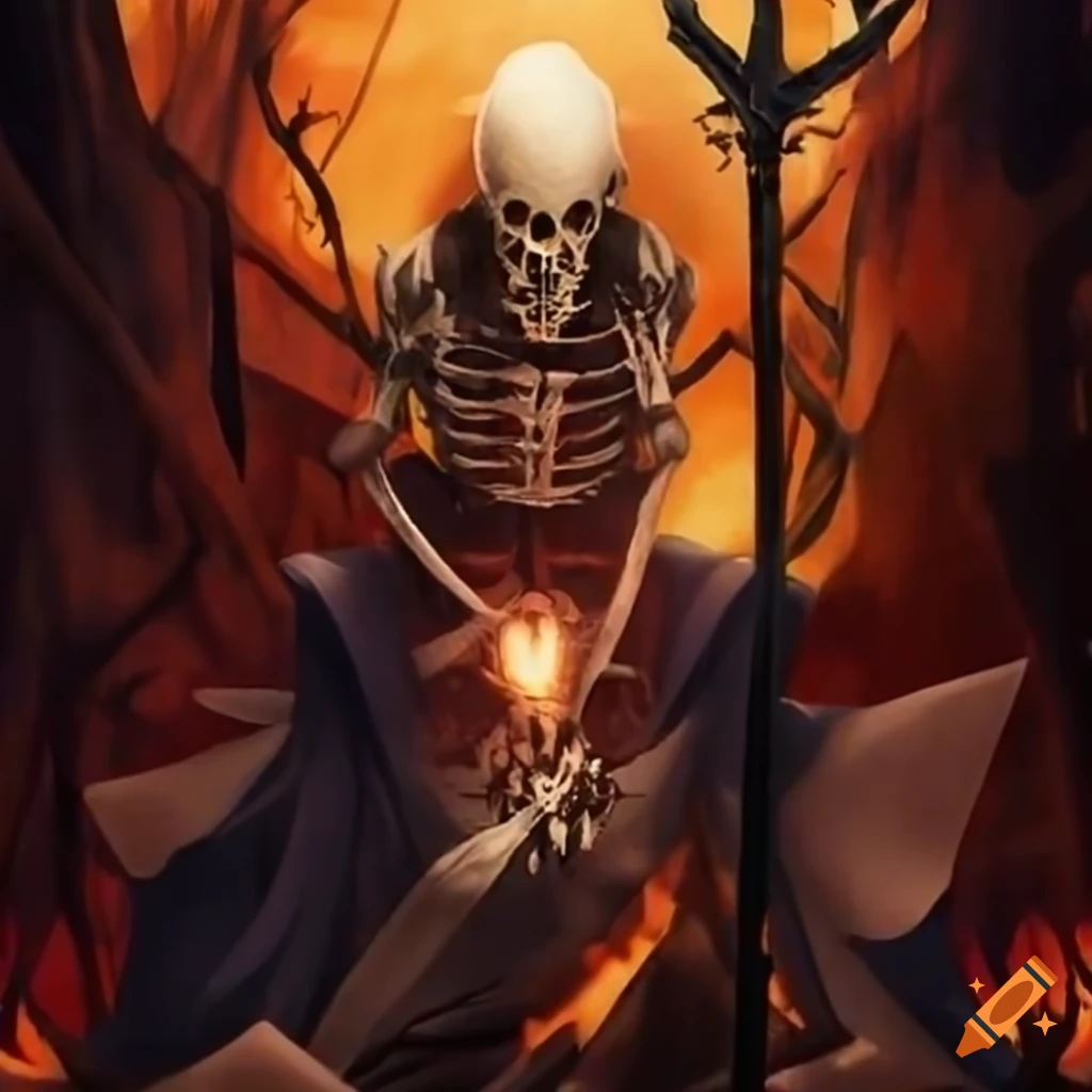 Skeleton lord overseeing a burning world on Craiyon