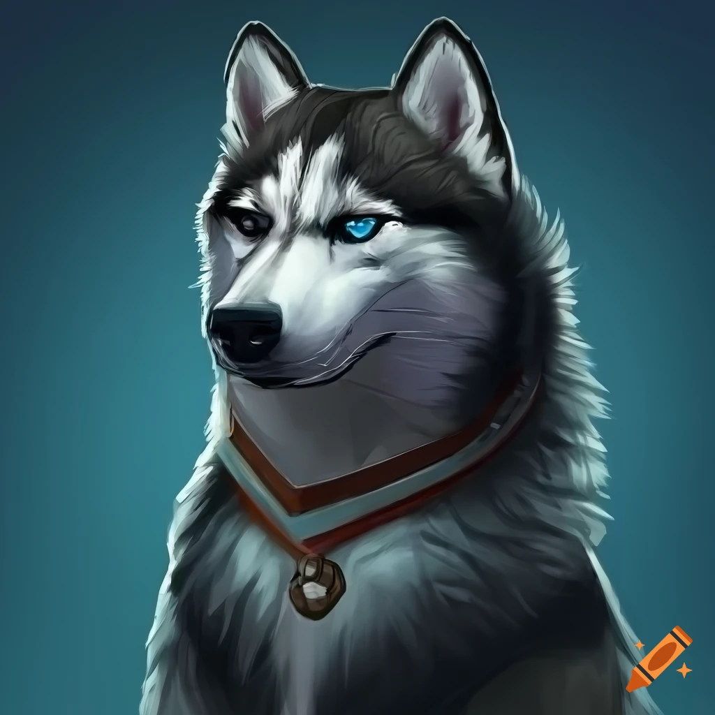 Sled dog husky in portrait posture with a fierce look in digital art ...