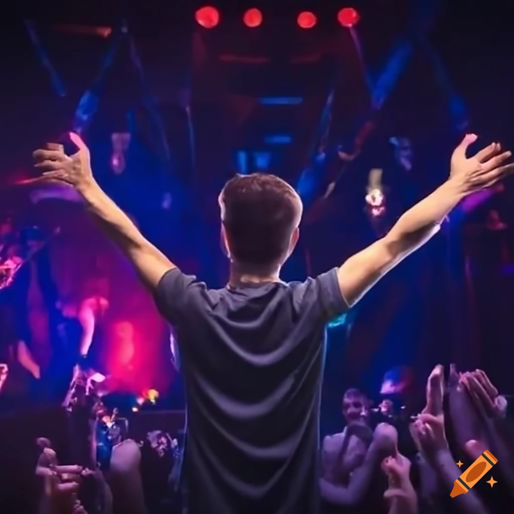 Man with hands up on club stage on Craiyon