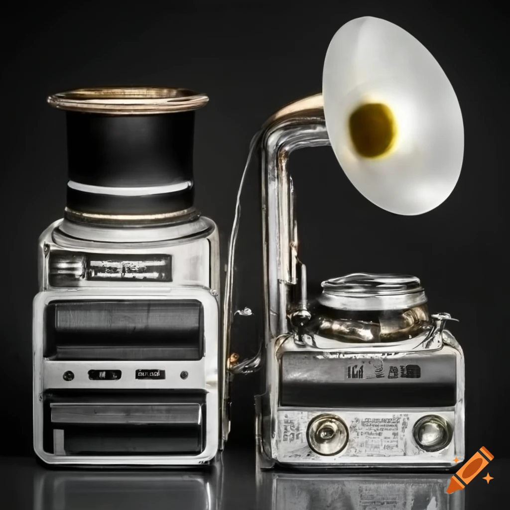 Metal tube machine with gramophone horns and radio on Craiyon