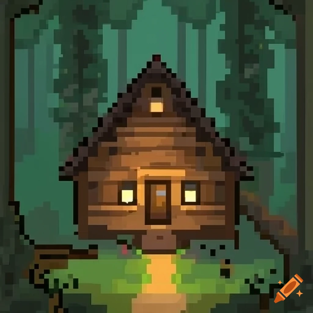 Pixel art of a cabin in the woods on Craiyon