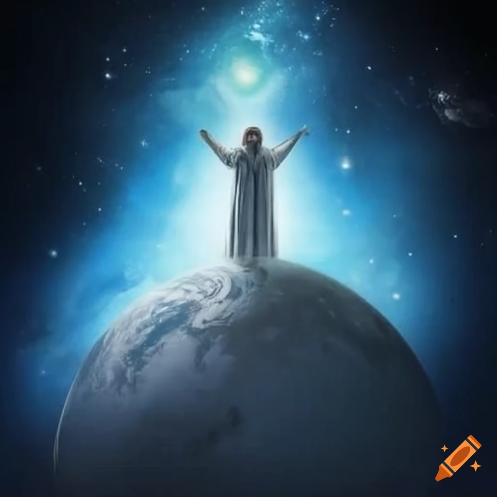 Jesus creating the earth in space with a white robe on Craiyon