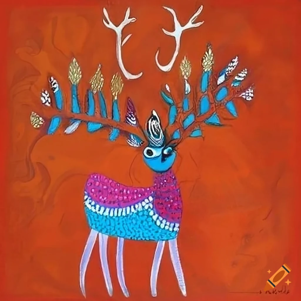 Rudolph the red-nosed reindeer painted as a gond art on Craiyon