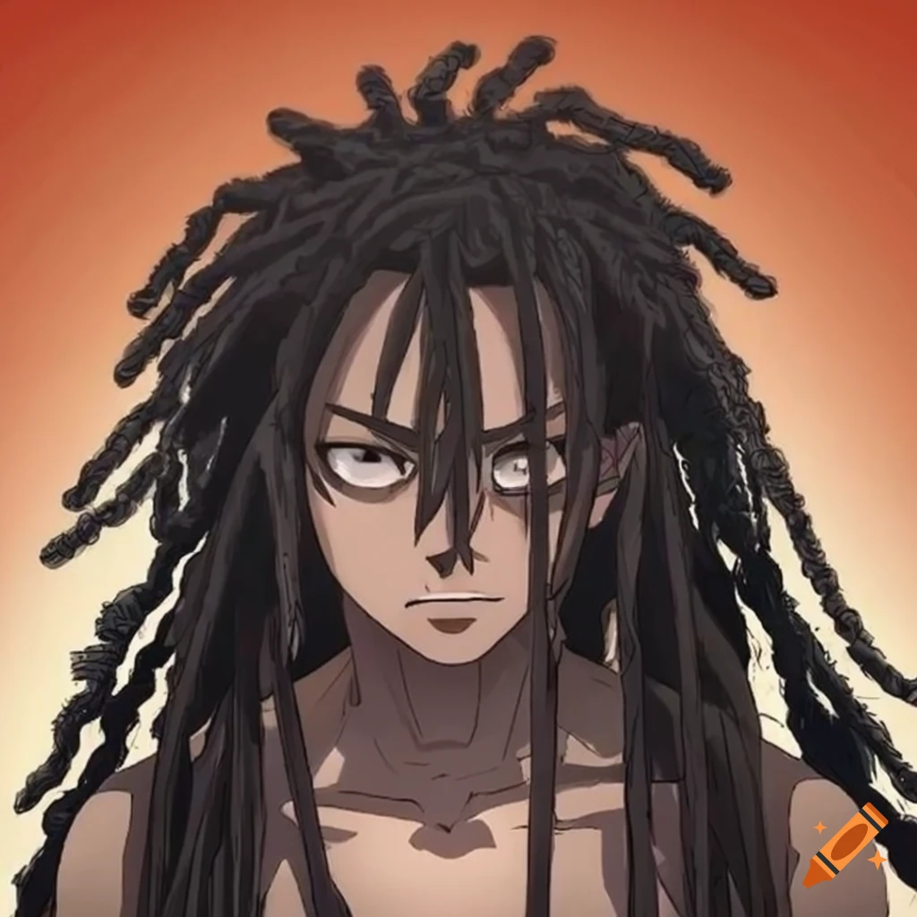 Black anime character with long dreadlocks in the shadow on Craiyon