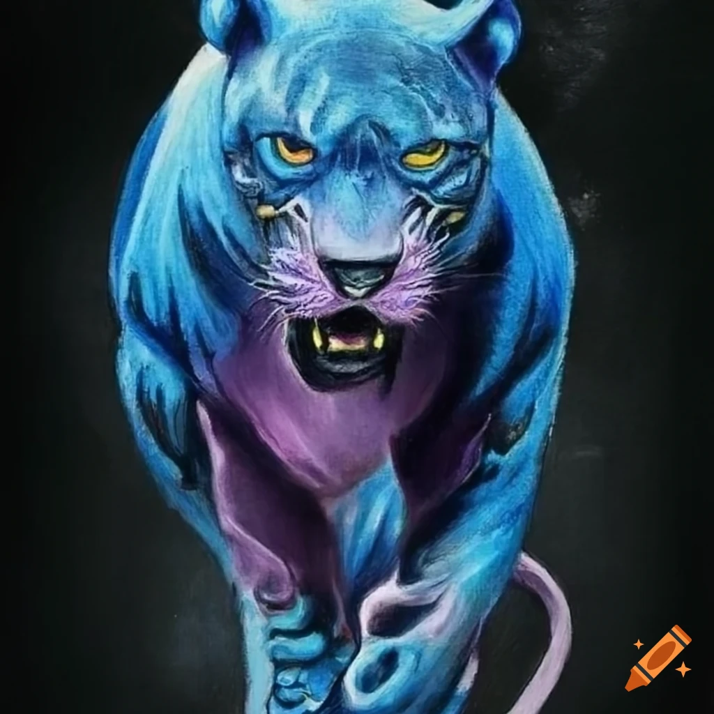 Colored pencil drawing of a black blue panther-bull mystical beast with ...