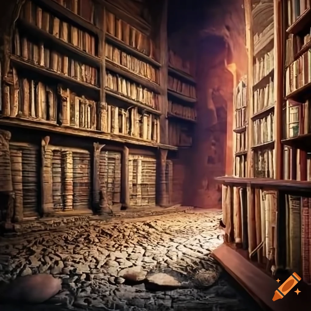 Remote cave library with ancient books and stone floor on Craiyon