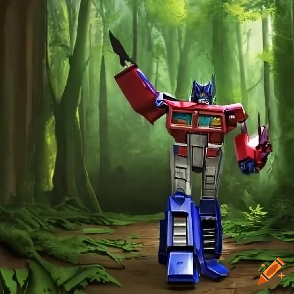 Optimus Prime in a lush forest wonderland on Craiyon