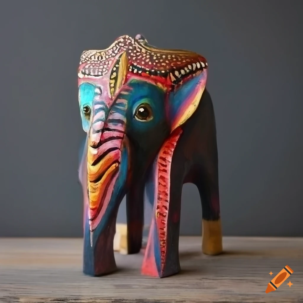 Wooden elephant with colorful markings in Bali primitive art style on ...