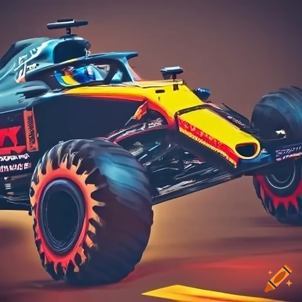Concept car combining monster truck with formula 1 in yellow and red ...