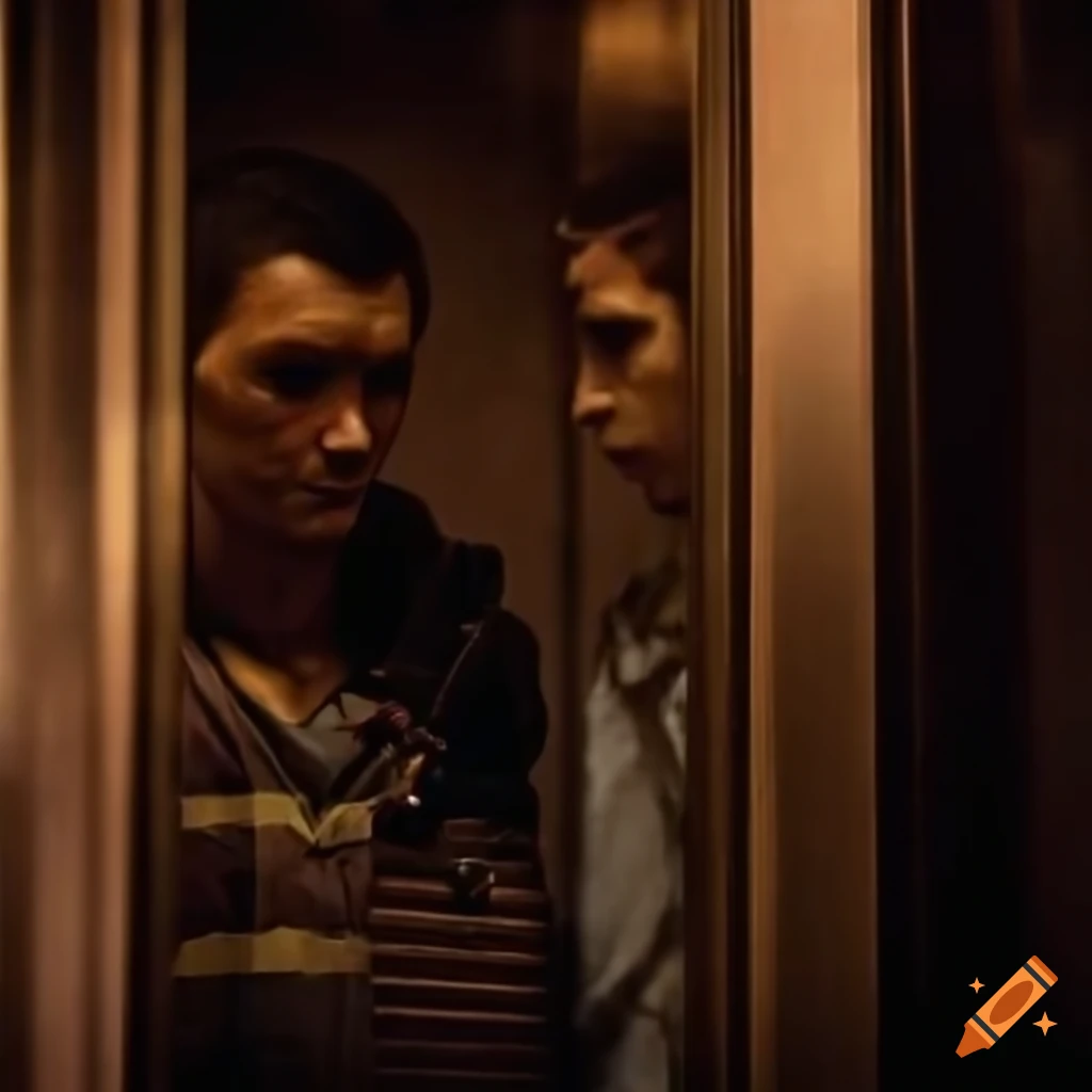 Intense stare-down between two men in a vintage elevator on Craiyon
