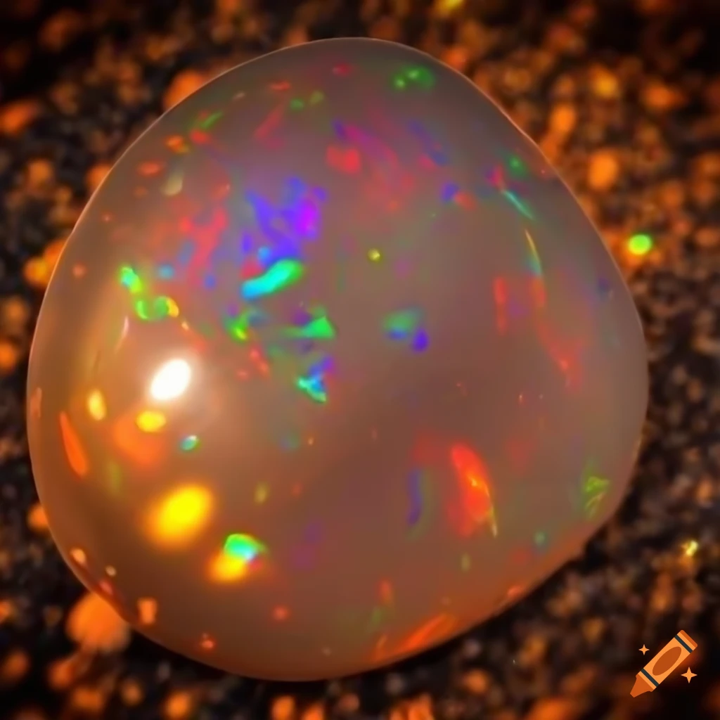 Vibrant sunset with polished copper crown opals on gold beach sand on ...