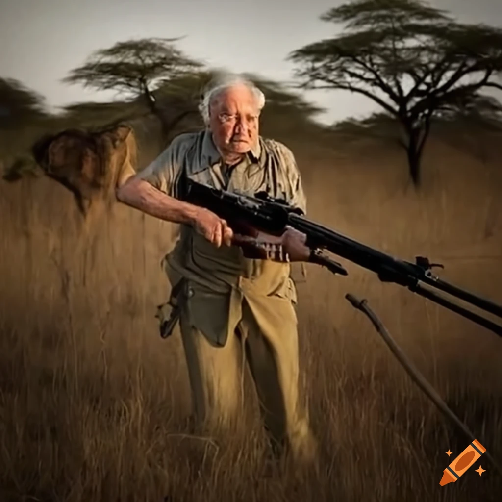 David Attenborough in Africa with a rifle on Craiyon