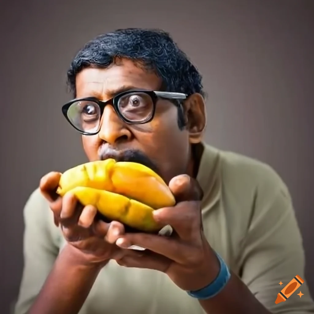 Indian man enjoying a mango for dinner on Craiyon