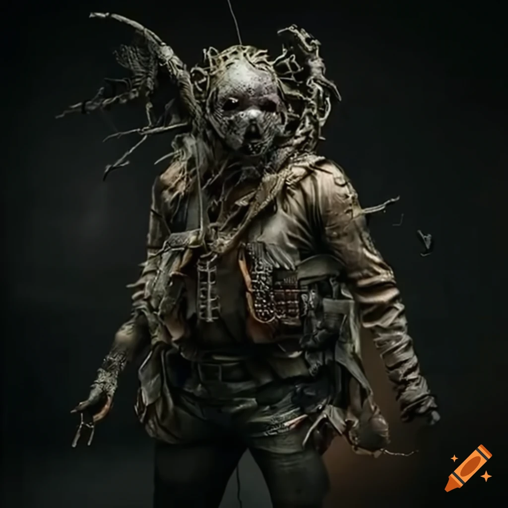 Post-apocalyptic insect mutant in battlefield with armor and weapons on ...