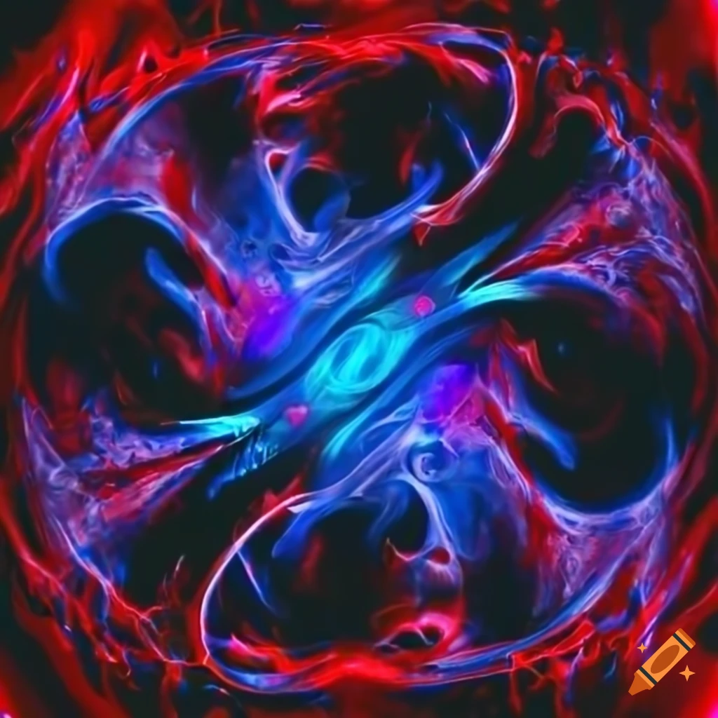 Abstract red, black, and blue chaotic design on Craiyon