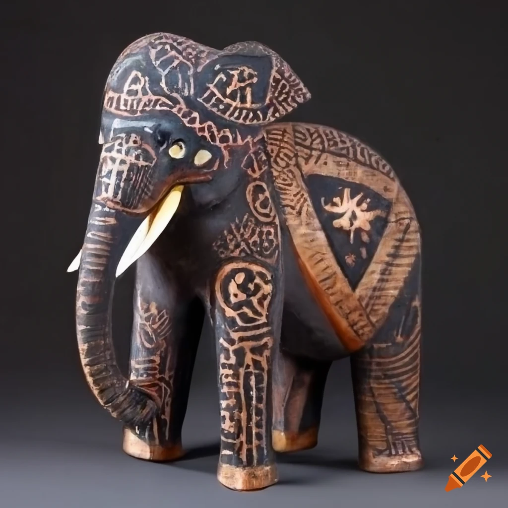 Wooden elephant sculpture with dark markings, bali primitive art on Craiyon