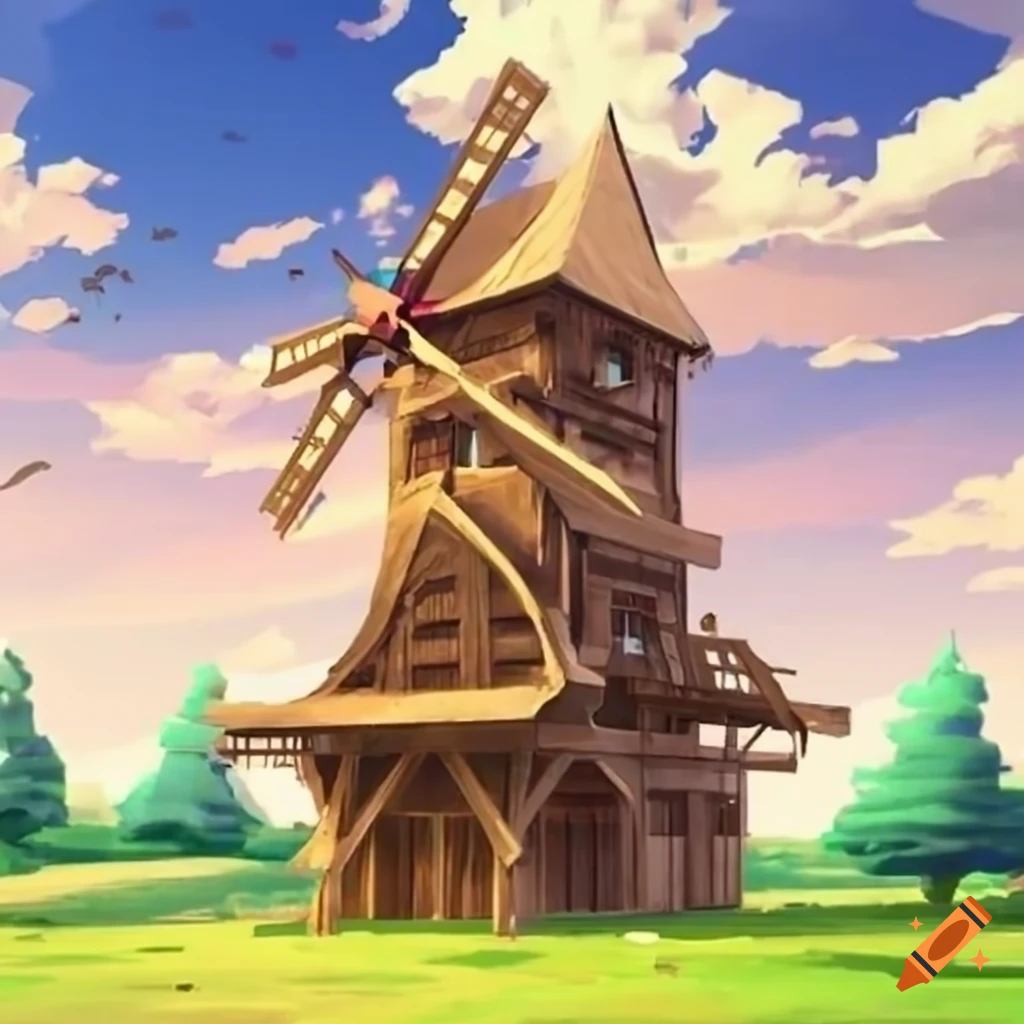 Anime-style one-storey wooden windmill with high detail on Craiyon