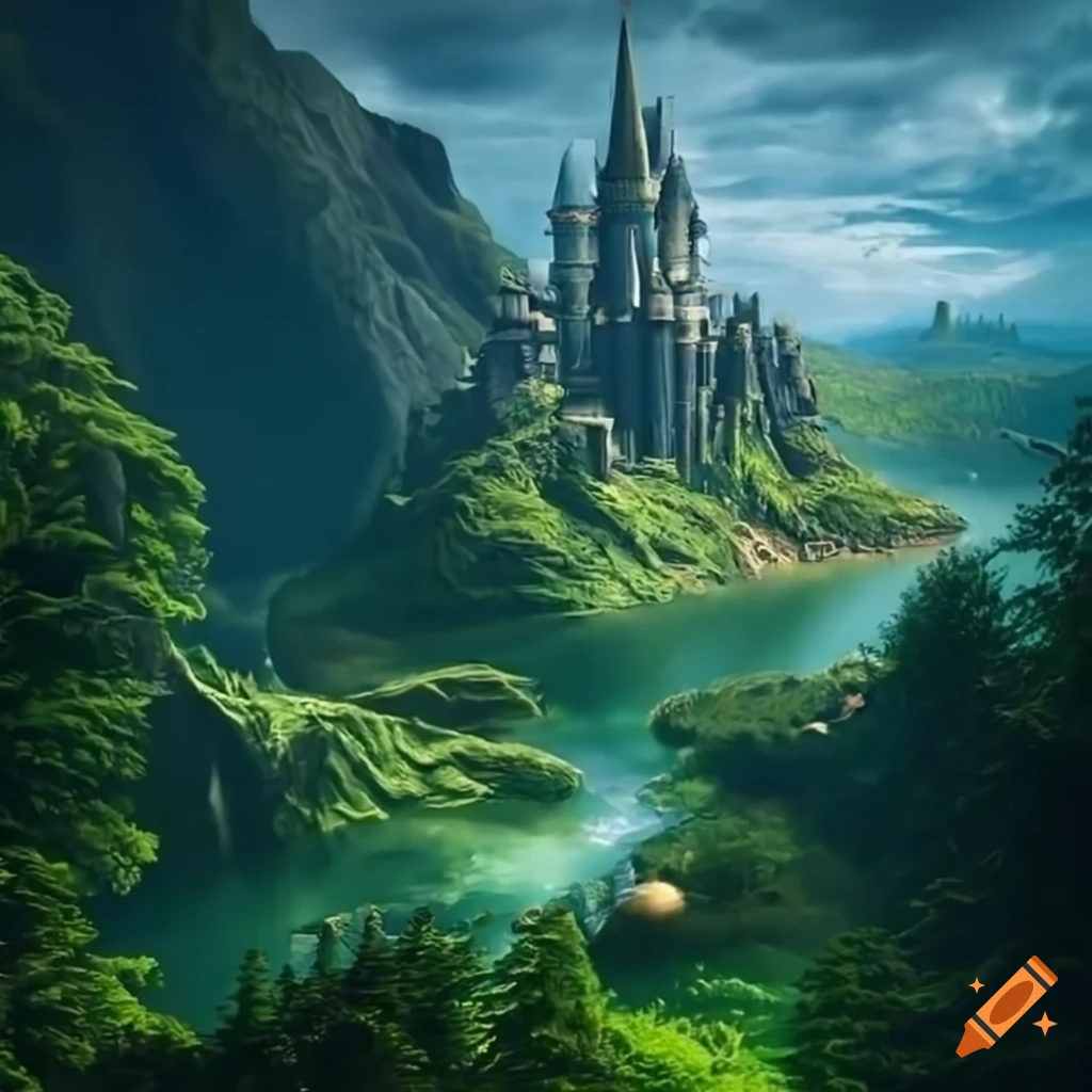 Epic fantasy kingdom with towering mountains and lush forests on Craiyon