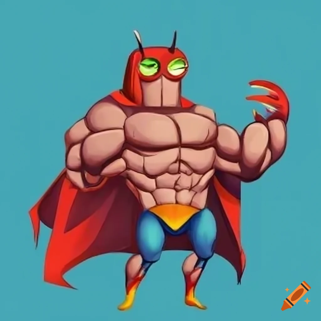 Cartoon of a muscular crab in a superhero cape and mask on Craiyon