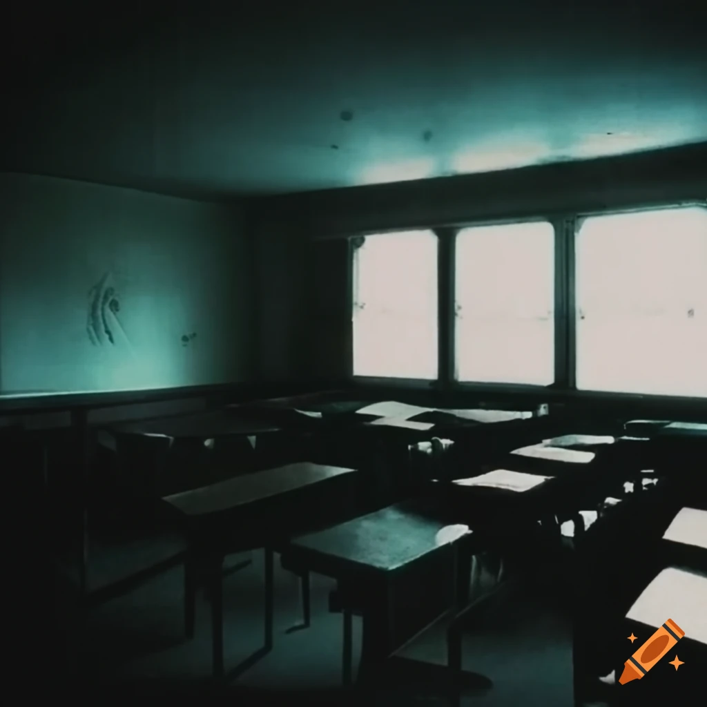 Vintage 1990s vhs photo of a dark empty school classroom on Craiyon