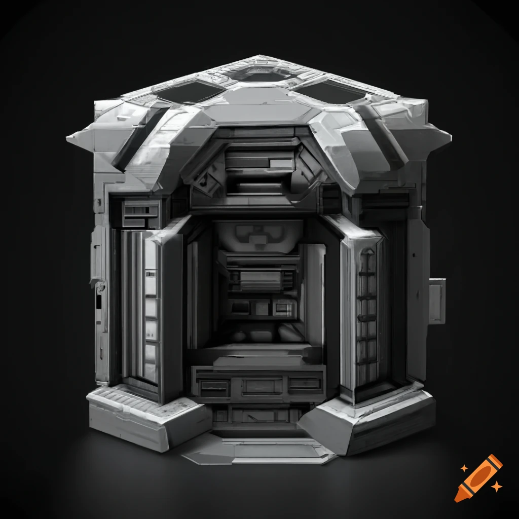 Front view of a futuristic sci-fi crate in grayscale on Craiyon