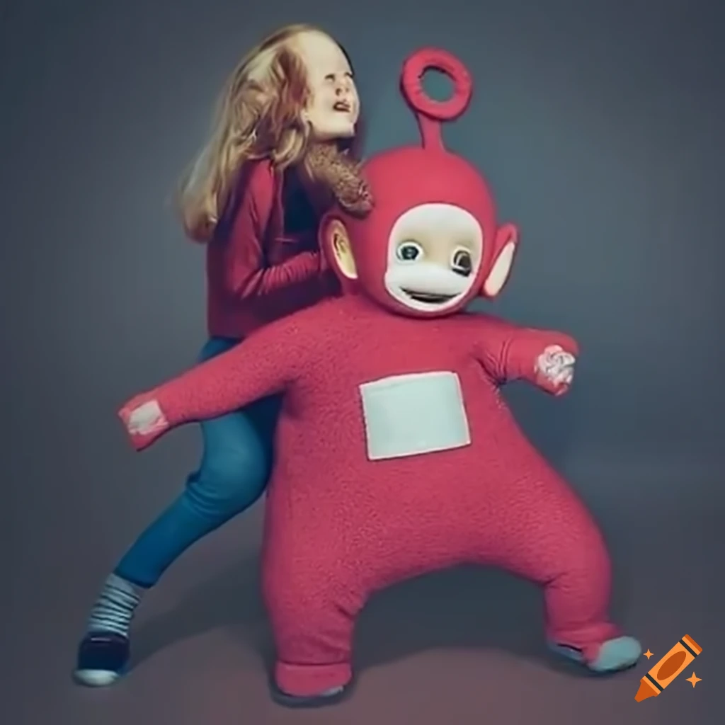 Female teletubby offering piggyback ride to a boy on Craiyon